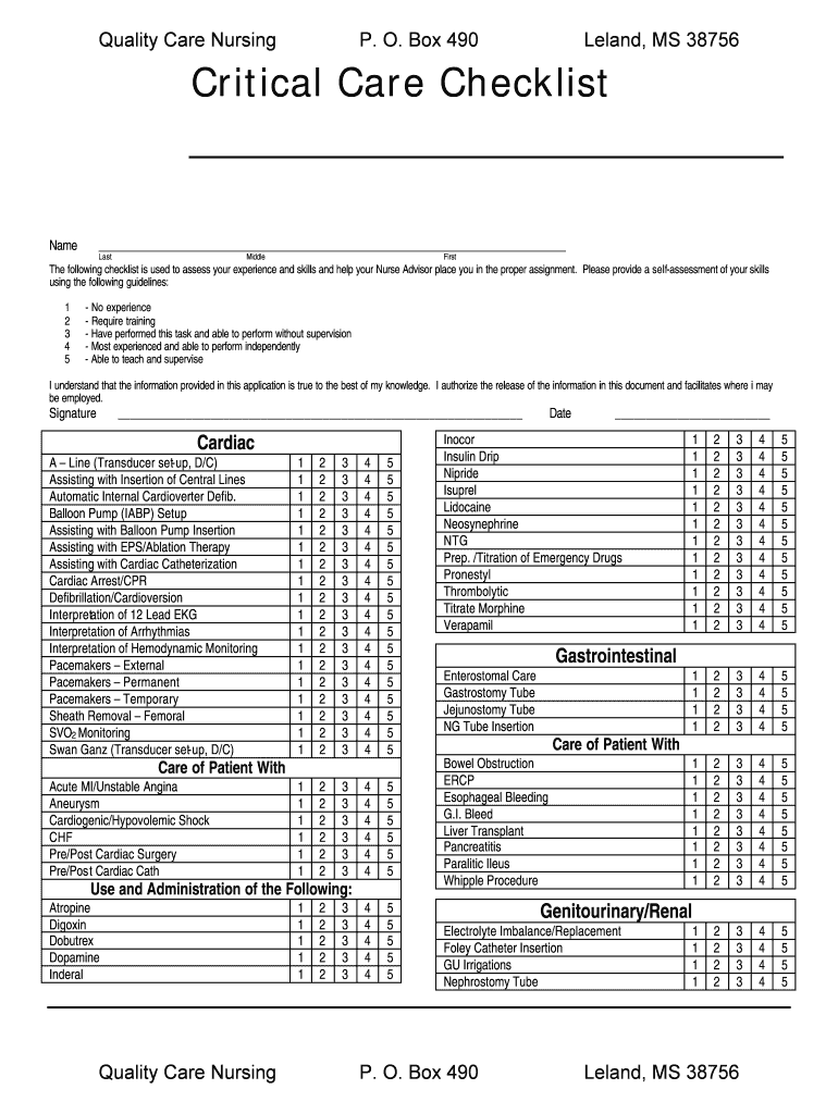 Fillable Online OH Checklist - Critical Care - Quality Care Nursing Fax ...