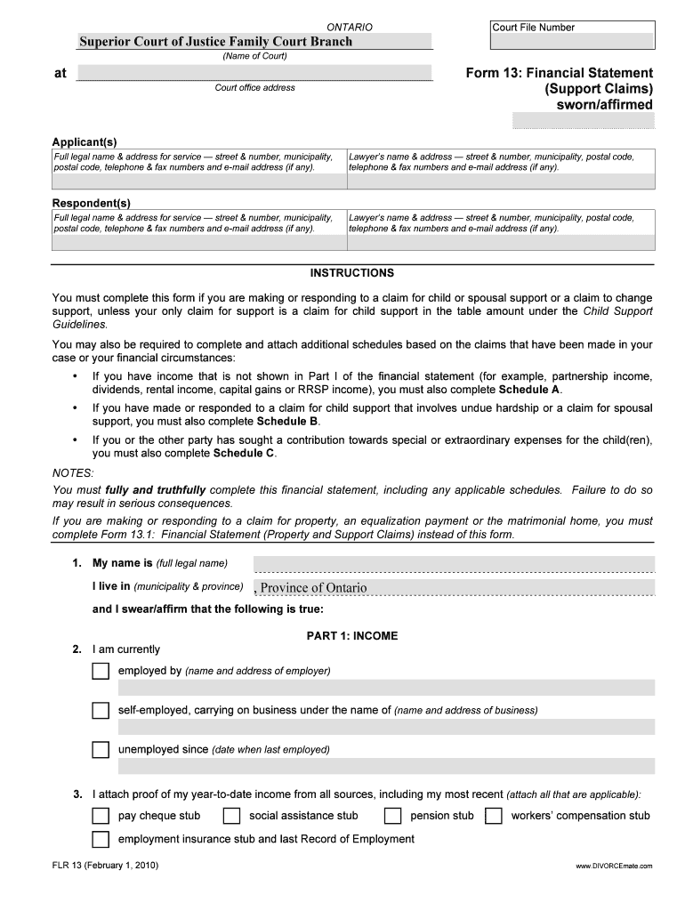 Fillable Online Superior Court of Justice Family Court Branch at bForm 13b bFinancialb bb Fax ...