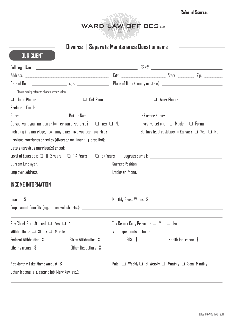 Fillable Online Questionnaire for a divorce or legal separation matter ...