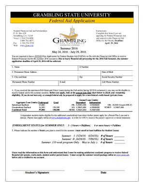 Fillable Online gram 2016 Summer Federal Aid bApplicationb - Grambling State University Fax ...