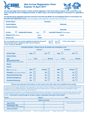 Fillable Online hume vic gov New Animal Registration bFormb 2016-2017 ...