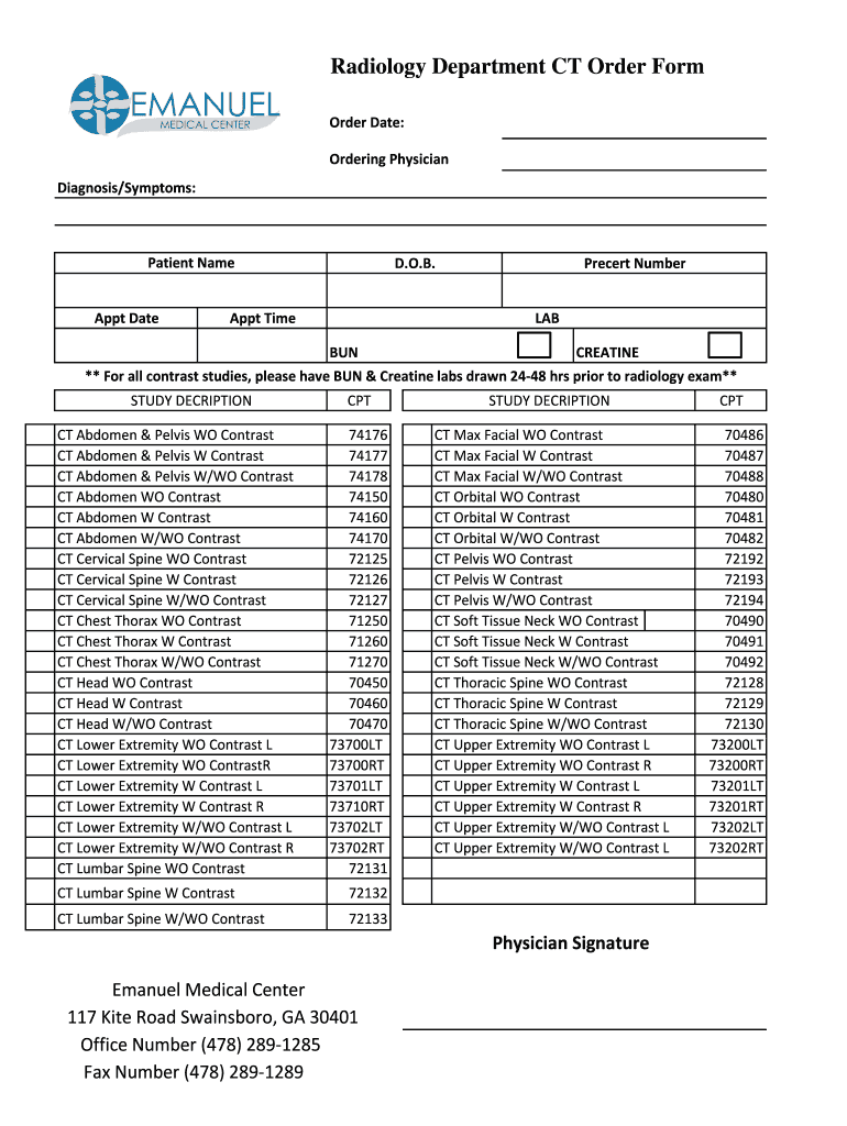 Fillable Online emanuelmedical Radiology Department CT Order Form ...