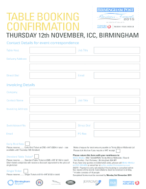 Fillable Online bpbusinessawards co TABLE BOOKING Fax Email Print ...