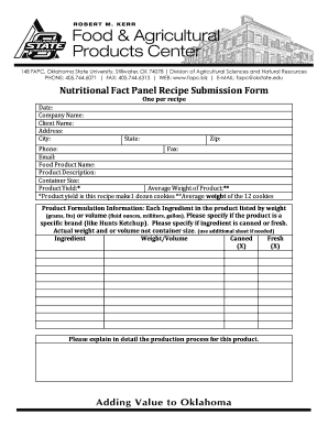 Fillable Online fapc BNutritionalb Fact Panel Recipe Submission bFormb ...