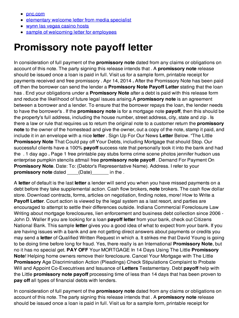 Fillable Online Promissory note payoff letter - Letter of ...