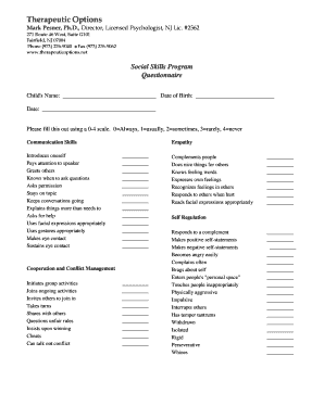 Fillable Online therapeuticoptions Social Skills Questionnaire ...