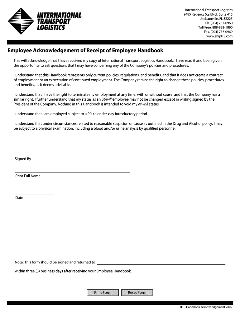 Fillable Online Employee Acknowledgement of Receipt of Employee ...
