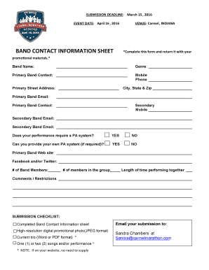 Fillable Online BAND CONTACT INFORMATION SHEET - 21Fingers LLC Fax ...