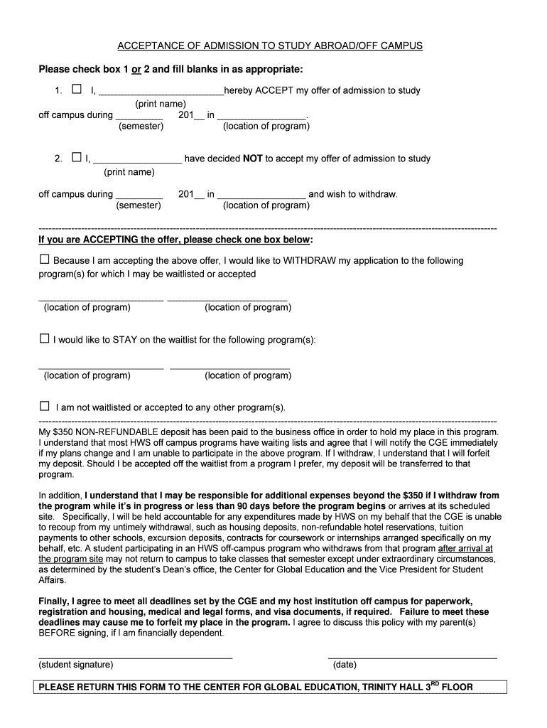 Fillable Online hws HWS acceptance of admission - hws Fax Email Print ...