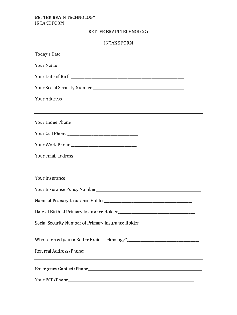 Fillable Online BBT Intake Form - Better Brain Technology Fax Email ...