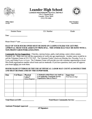 Fillable Online lhs leanderisd Hours Owed Form - Leander High School ...