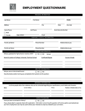 Fillable Online EMPLOYMENT QUESTIONNAIRE - Northern Contours Fax Email ...
