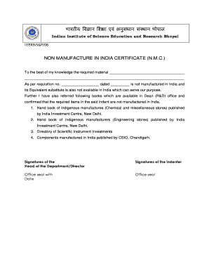 Fillable Online Non-manufactured in India (NMC) Certificate - IISER Bhopal Fax Email Print ...