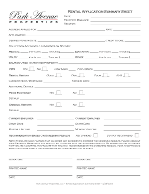Fillable Online Rental Application Summary Sheet - Online Form Fax ...