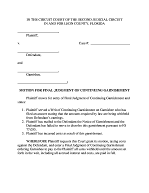 Fillable Online MOTION FOR FINAL JUDGMENT OF CONTINUING GARNISHMENT Fax ...
