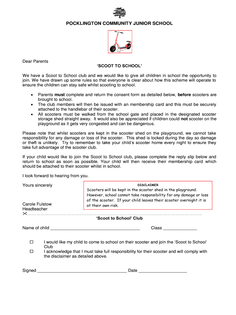 Fillable Online pocklingtonjuniors co Scoot to School - Pocklington ...