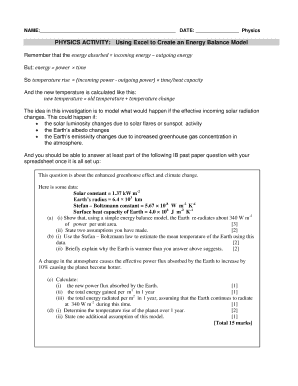 Fillable Online PHYSICS ACTIVITY: Using Excel to Create an Energy ...