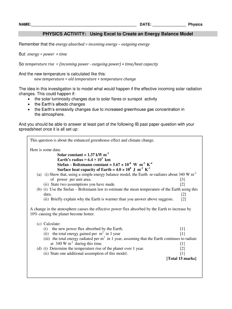 Fillable Online PHYSICS ACTIVITY: Using Excel to Create an Energy ...