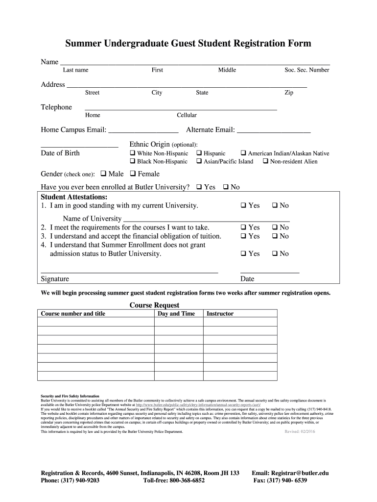 Fillable Online butler Summer Guest Student Enrollment bFormb - Butler ...