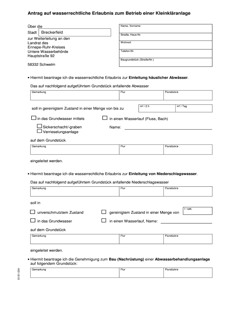 Ausfüllbar Online Antrag auf wasserrechtliche Erlaubnis zum Betrieb einer Fax Email Drucken ...