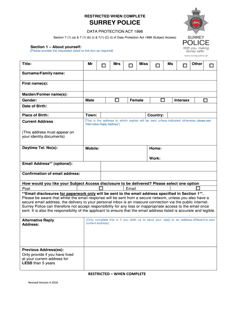 Fillable Online Subject access request bformb - Surrey Police Fax Email ...