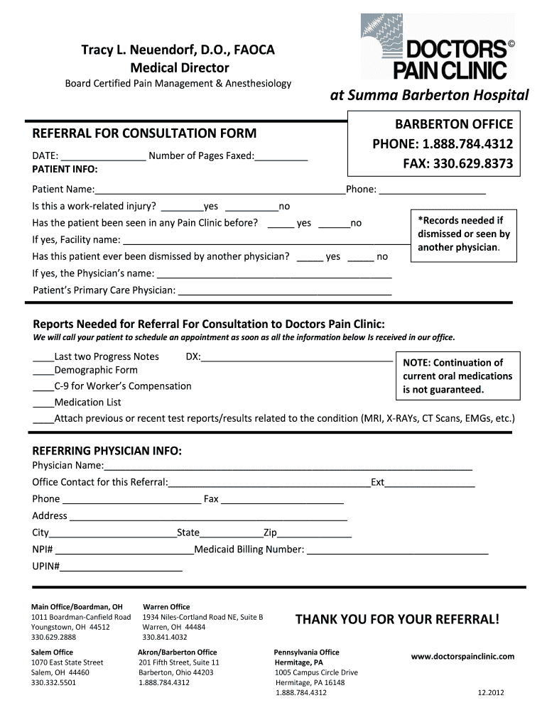 Fillable Online BARBERTON OFFICE REFERRAL FOR CONSULTATION FORM PHONE 1 ...