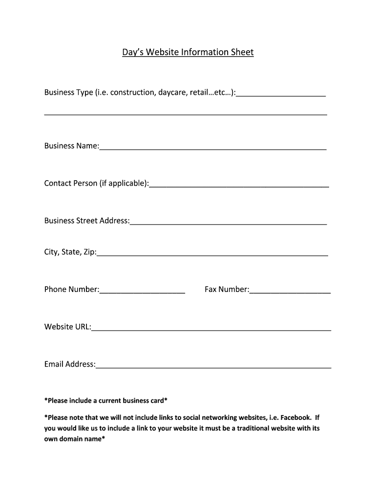 Fillable Online Days Website Information Sheet Fax Email Print - pdfFiller
