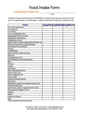 Fillable Online FOOD INTAKE FORM FOR: Fax Email Print - pdfFiller