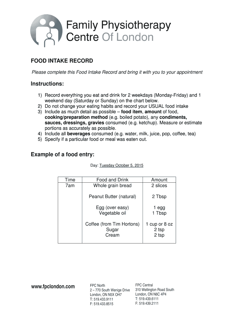 Fillable Online FOOD INTAKE RECORD Fax Email Print - pdfFiller
