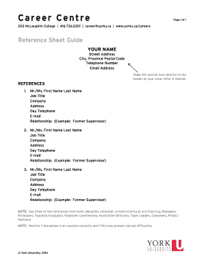 Fillable Online careers yorku Reference Sheet Guide - Career Centre ...