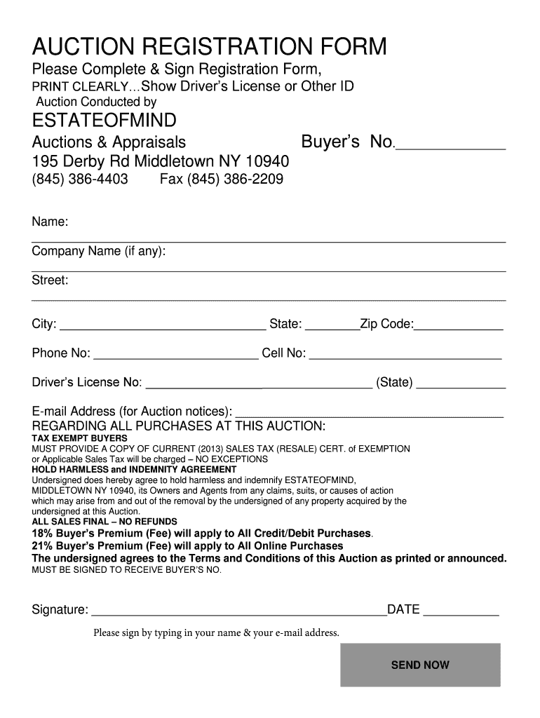 Fillable Online estateofmind AUCTION REGISTRATION FORM ...