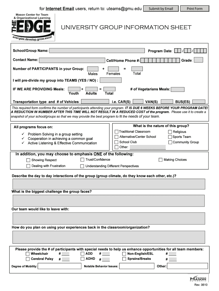 Fillable Online UNIVERSITY GROUP INFORMATION SHEET Fax Email Print ...