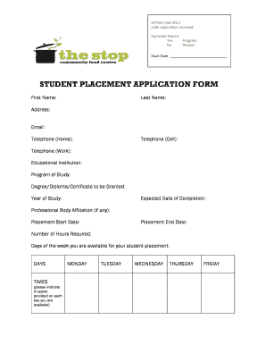 Fillable Online STUDENT PLACEMENT APPLICATION FORM - The Stop Community ...