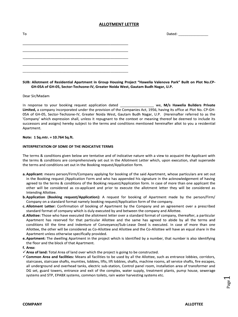 Fillable Online ALLOTMENT LETTER - Hawelia Group Fax Email Print ...