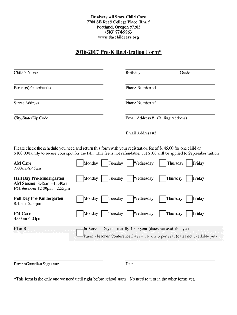 Fillable Online 2016-2017 Pre-K Registration Form - daschildcareorg Fax ...