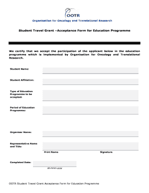 Fillable Online ootr Student Travel Grant Acceptance Form for Education ...