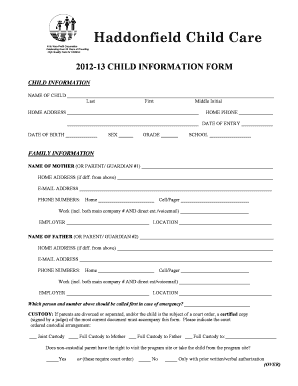 Fillable Online haddonfieldchildcare Child Information form 2012-13doc ...