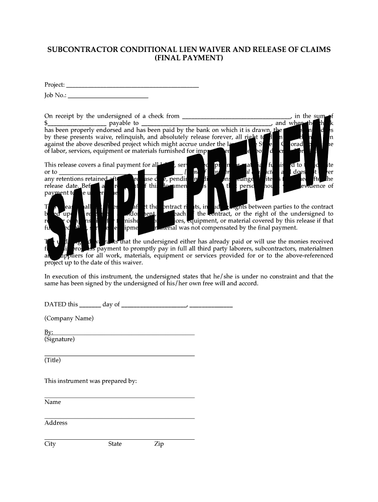 Fillable Online SUBCONTRACTOR CONDITIONAL bLIEN WAIVERb AND RELEASE bb ...