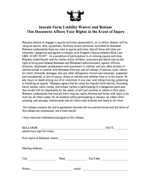 Fillable Online Liability Waiver and Release - Inavale Farm Fax Email ...