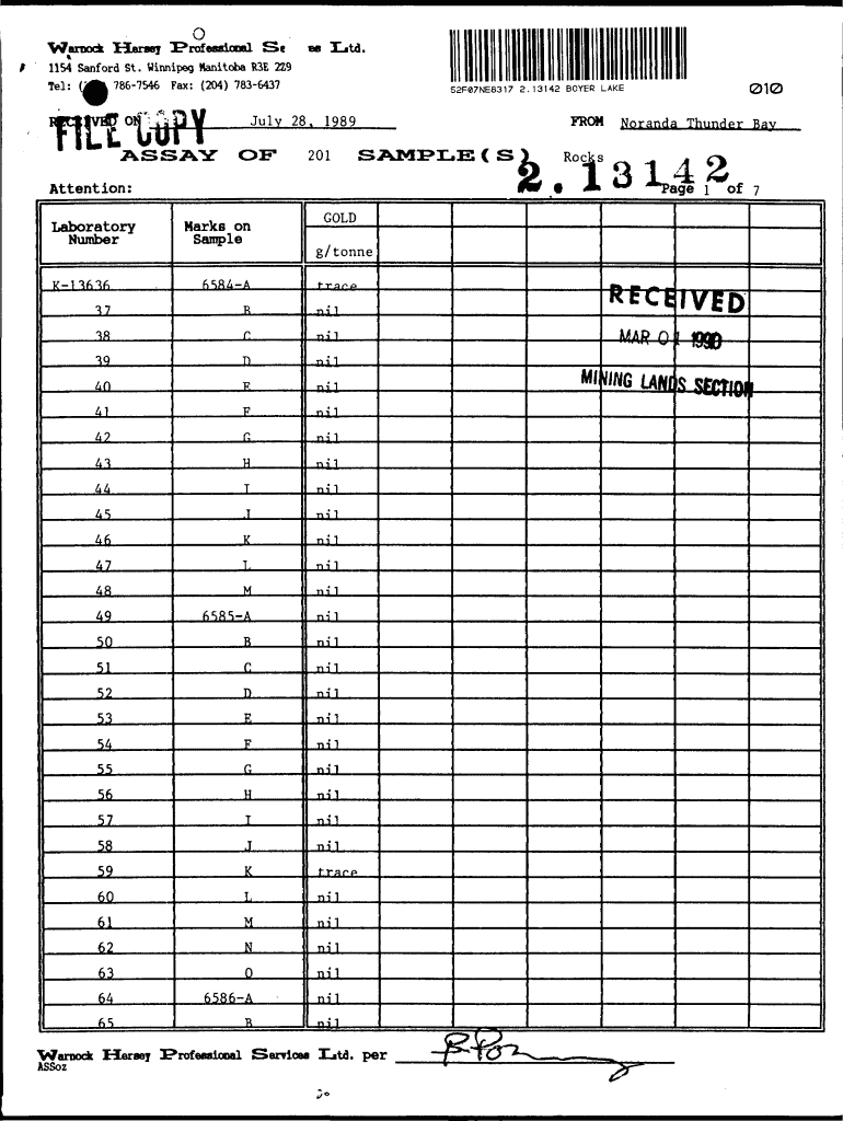 Fillable Online geologyontario mndmf gov on ASSAY OF SAMPLES ASSAYING ...