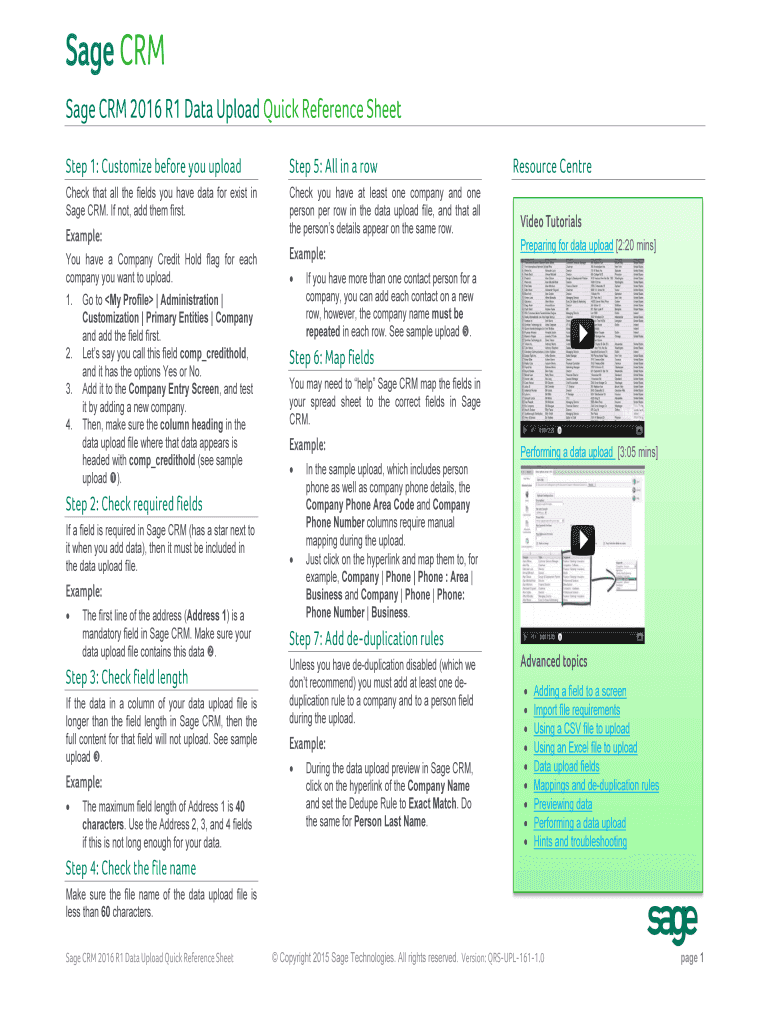 Fillable Online Sage CRM 2016 R1 Data Upload Quick Reference Sheet Fax Email Print - pdfFiller