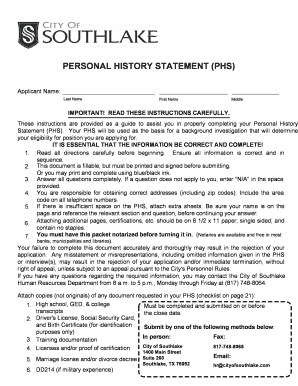 Fillable Online PERSONAL HISTORY STATEMENT PHS - bcityofsouthlakebbcomb ...