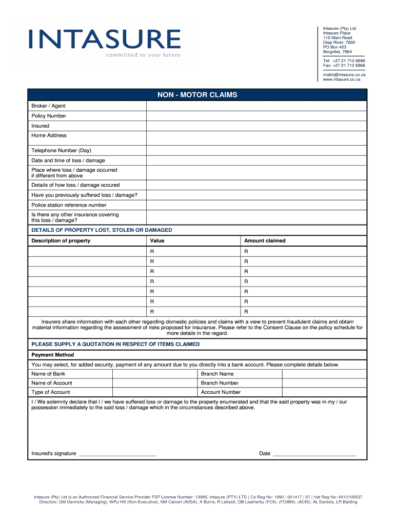 Fillable Online intasure co NON - MOTOR CLAIMS - bIntasureb - intasure ...