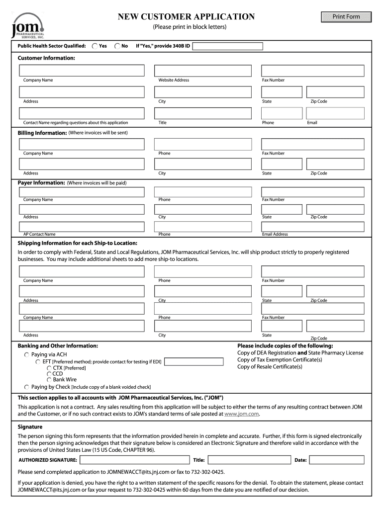 Fillable Online NEW CUSTOMER APPLICATION - bJOMb Pharmaceutical ...
