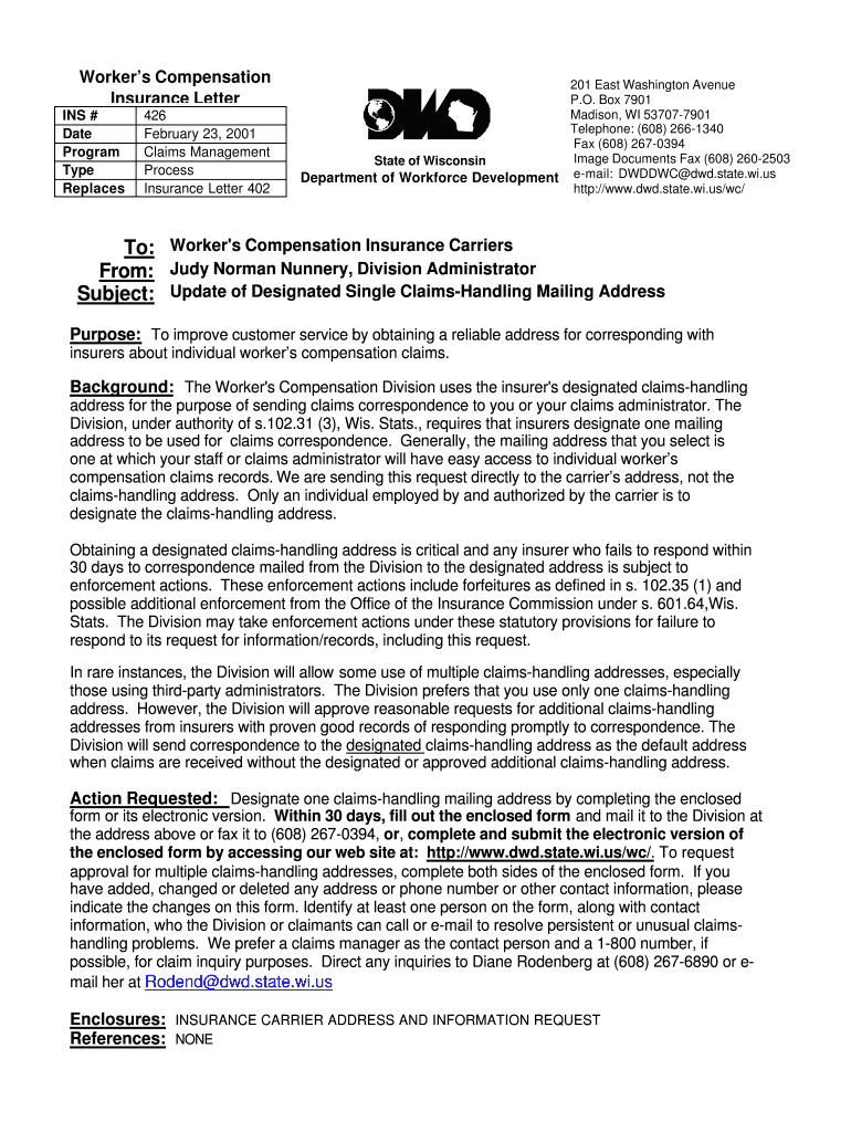 Fillable Online dwd wi To: Worker's Compensation Insurance Carriers From: Judy Norman ... Fax ...