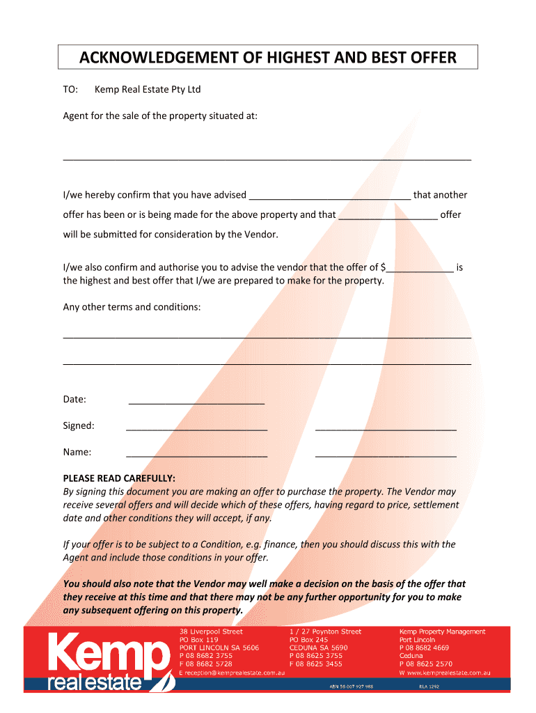 Fillable Online Highest and Best Offer Form - bkemprealestatebbcombau ...