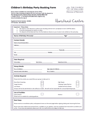Fillable Online Childrens Birthday Party Booking Form - The Horstead ...