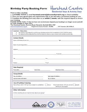 Fillable Online Birthday Party Booking Form - bhorsteadcentrebborgbbukb ...