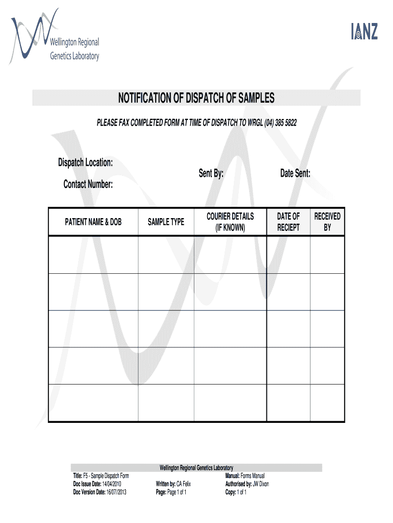 Fillable Online NOTIFICATION OF DISPATCH OF SAMPLES Fax Email Print ...