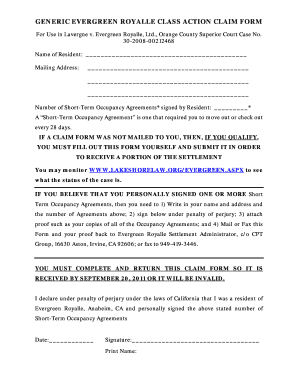 Fillable Online lakeshorelaw GENERIC EVERGREEN ROYALLE CLASS ACTION ...